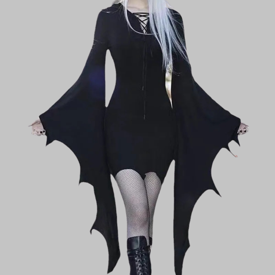 Black Gothic Bat Dress with Winged Sleeves | L'Esprit Gothique